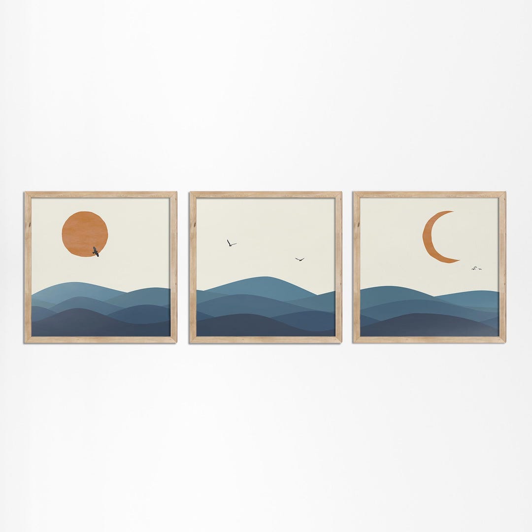 Blue Waves Set of 3 Prints | Bohemian Indigo Blue Square Art Set | Sun ...