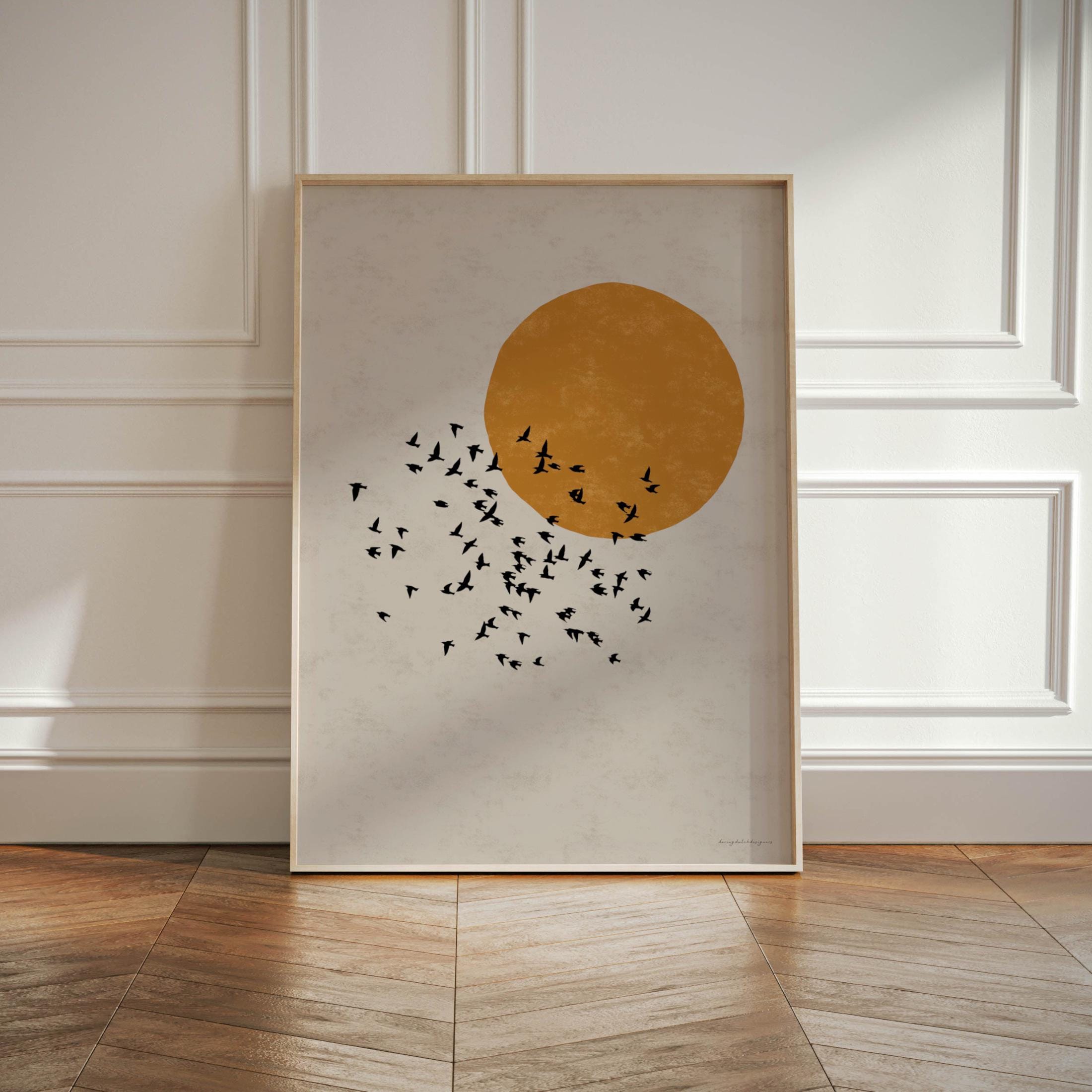 Neutral Minimalistic Home Decor Art Print, Flock of Birds Japanese Sun ...