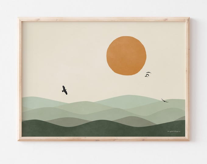 Horizontal Japanese Wall Art Poster, Flock of Birds Japanese Sun Art ...