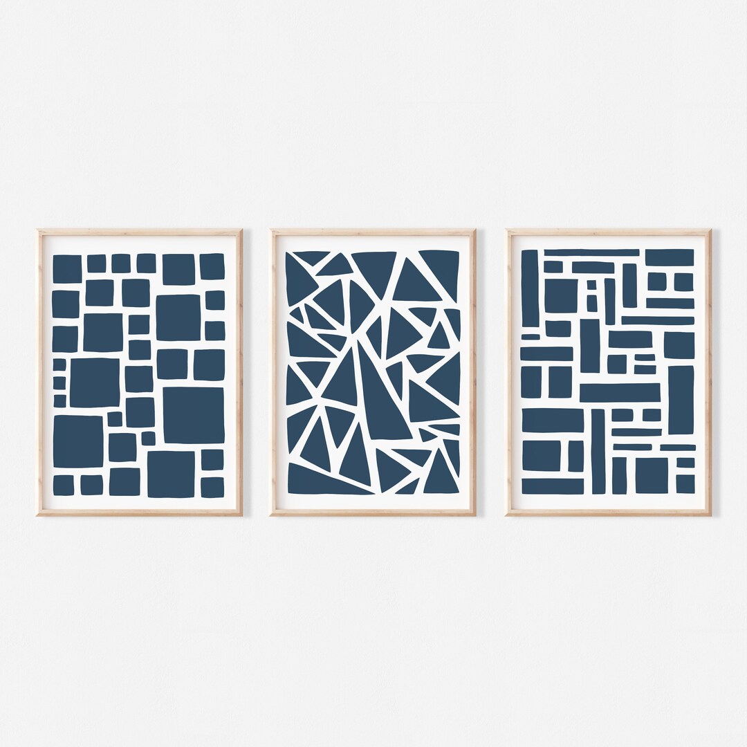 Japandi Navy Blue Set of 3 Art Prints | Abstract Geometric Art Prints ...