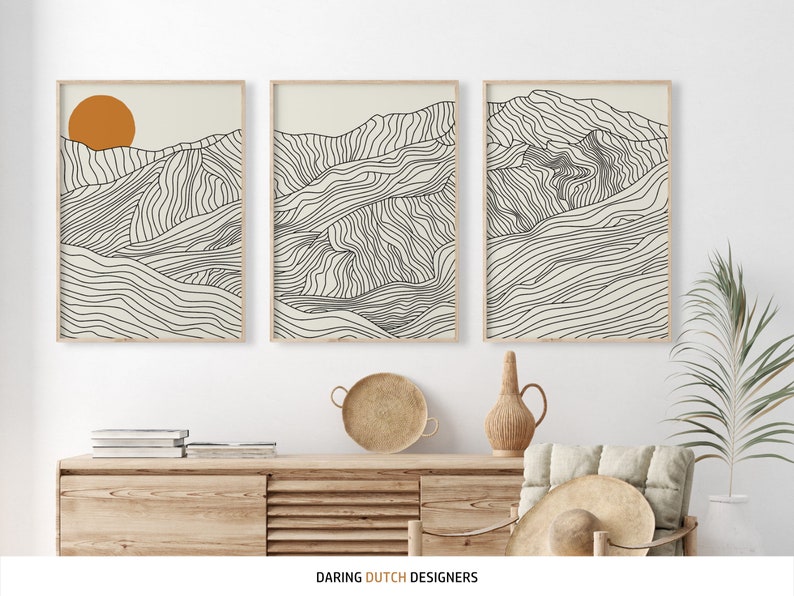 Japanese Alps Japandi Sun Set of 3 Prints Abstract Line - Etsy