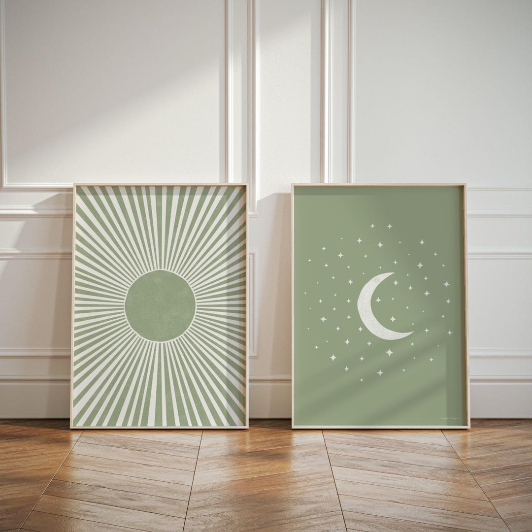 Sun Moon Stars Poster Duo in Sage Green, Boho Chic Sun Moon Set of 2 ...