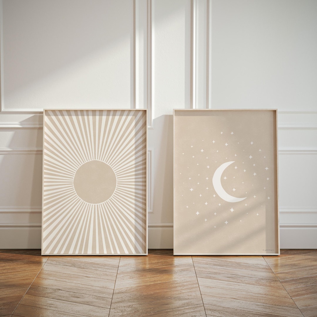 Neutral Sun and Moon Wall Art Set of 2 | Beige Home Decor for Apartment ...