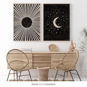 Black and Beige Sun and Moon Stars Poster Set | Square Art Set of 2 ...