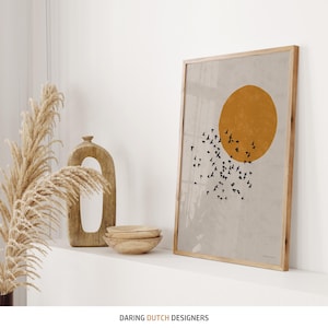 Neutral Minimalistic Home Decor Art Print, Flock of Birds Japanese Sun ...