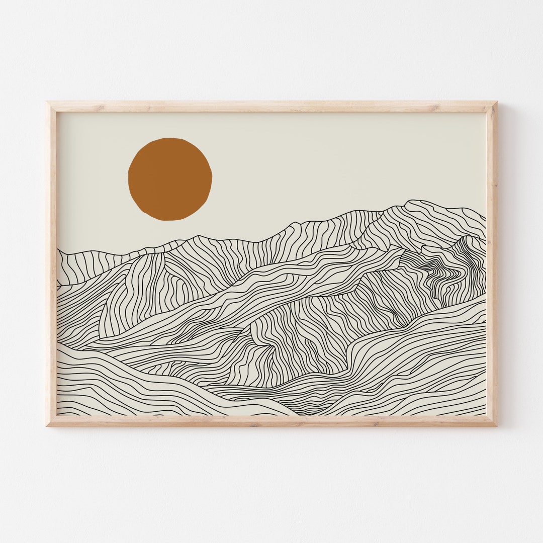 Minimalist Japandi Poster Japanese Alps, Japan Line Art Print With Sun ...