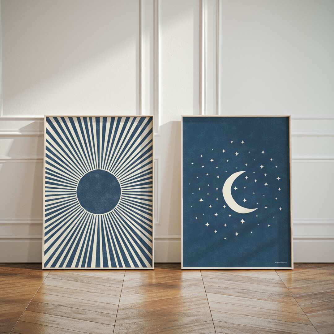 Blue Boho Sun and Moon Set of 2 Art Prints, Bohemian Wall Art for ...
