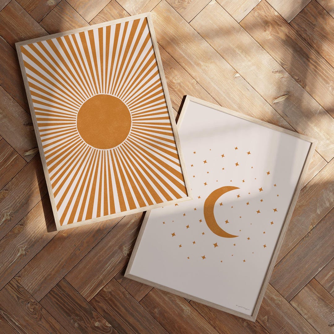 Sun and Moon Print Set of 2 | Mid Century Sun and Moon Boho Posters ...