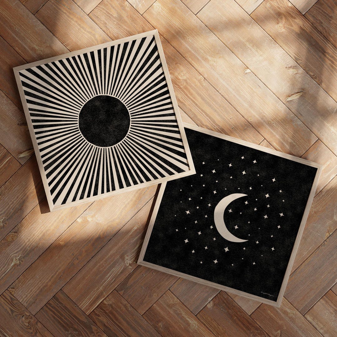 Black and Beige Sun Moon and Stars Poster Set | Square Art Set of 2 ...