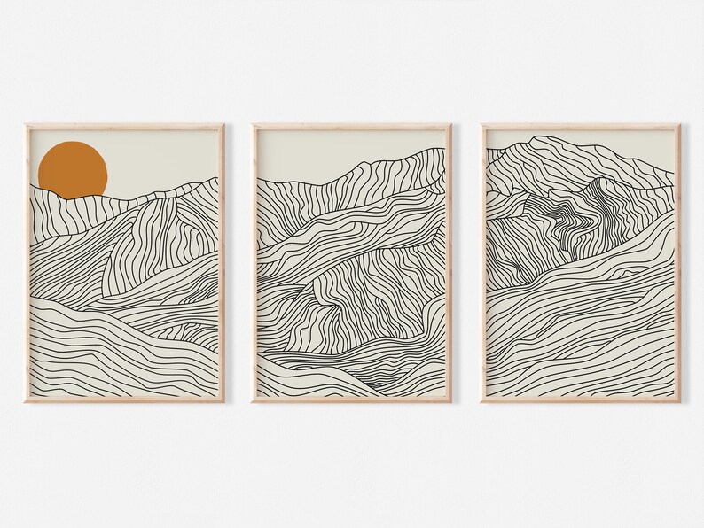 Japanese Alps Japandi Sun Set of 3 Prints Abstract Line - Etsy