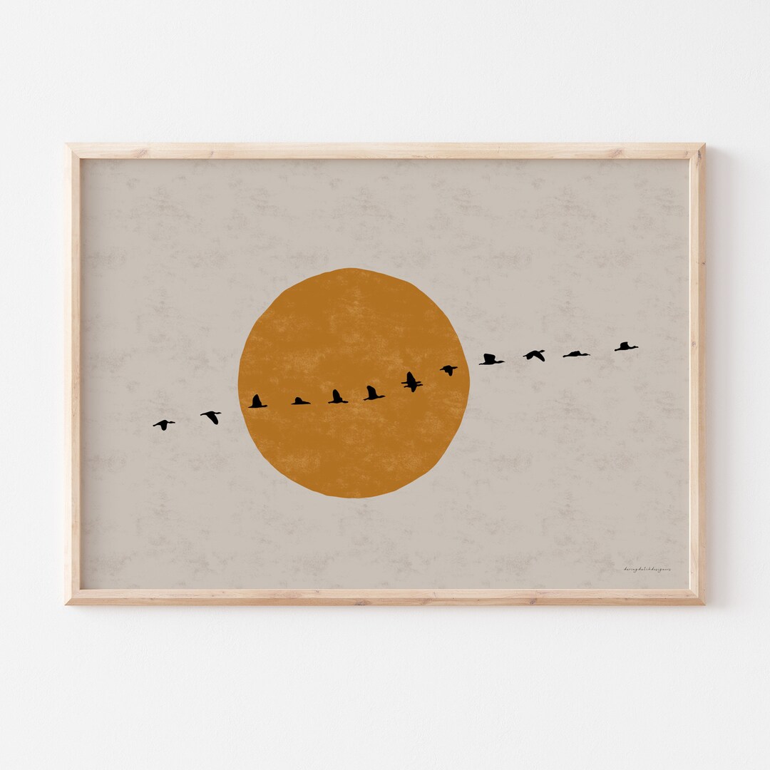 Horizontal Japanese Wall Art Poster, Flock of Birds Japanese Sun Art ...