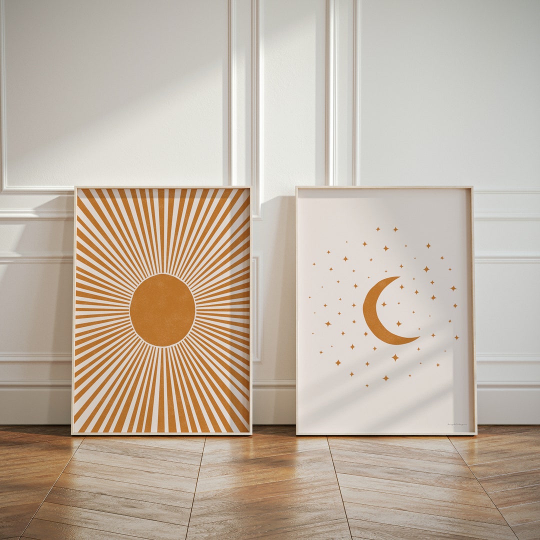 Sun and Moon Print Set of 2 | Mid Century Boho Print Set | Orange Sun ...