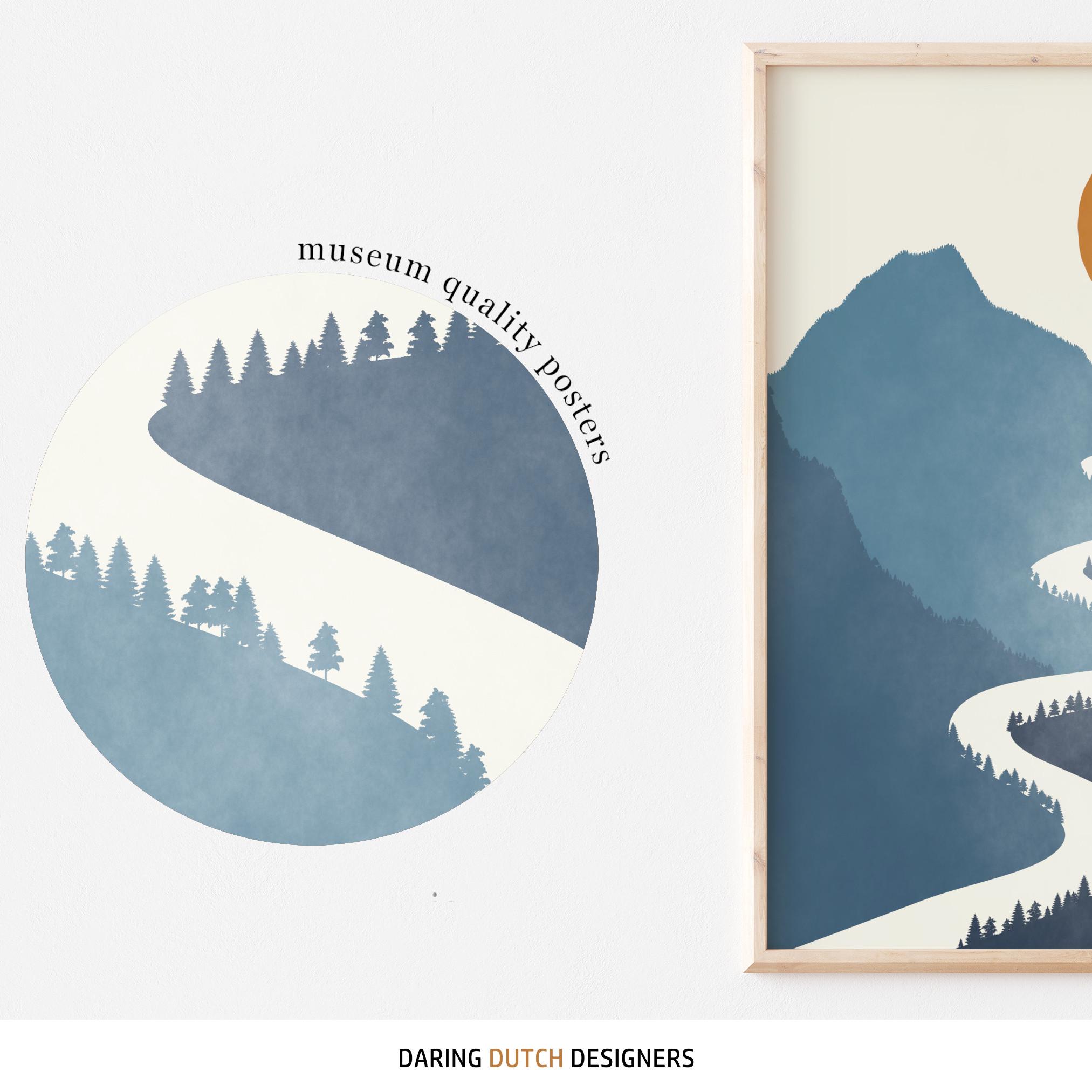 Blue Yellow Contemporary Landscape | Mountains Art Print | Navy Blue ...