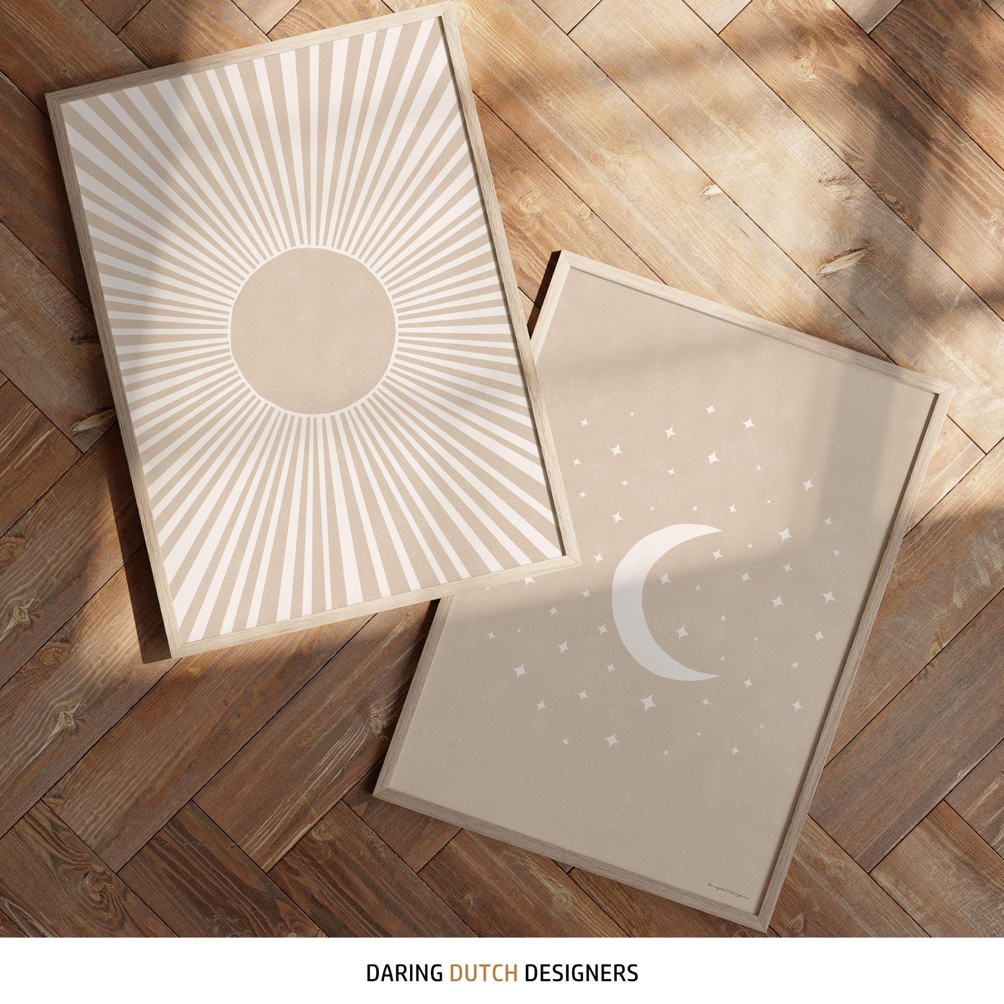 Neutral Sun and Moon Wall Art Set of 2 | Beige Home Decor for Apartment ...