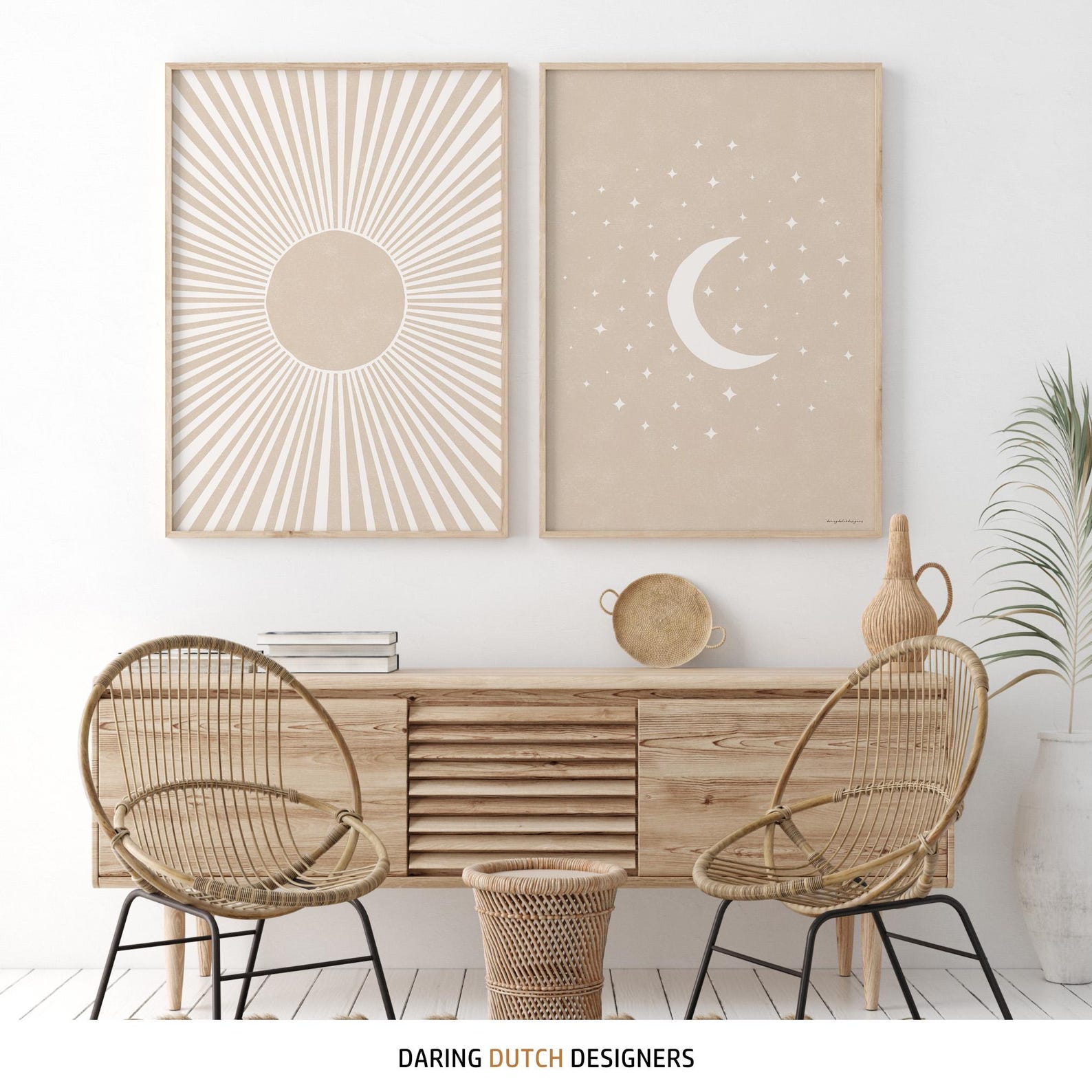 Neutral Sun and Moon Wall Art Set of 2 | Beige Home Decor for Apartment ...