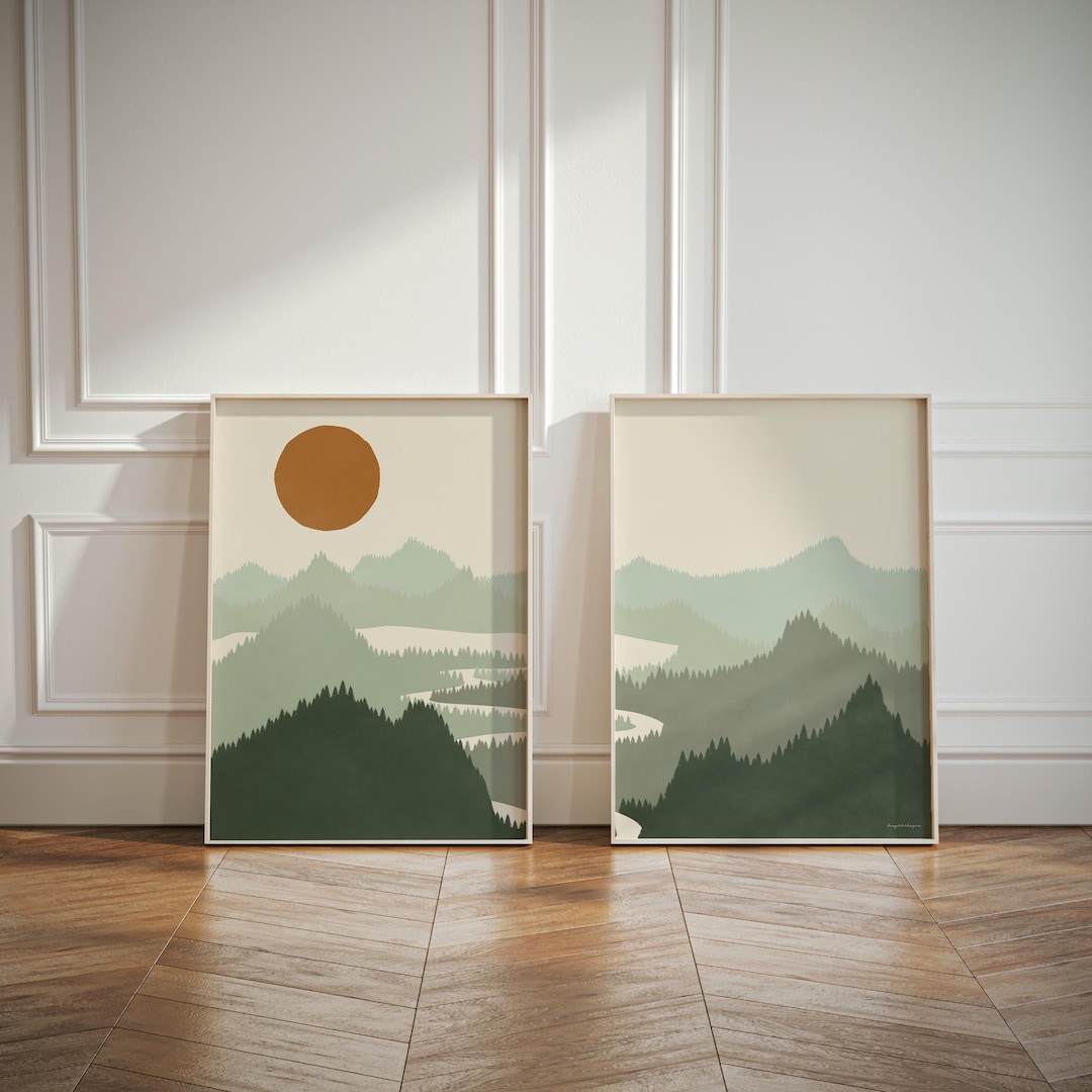 Set of 2 Sage Green Mountain Posters With Orange Sun – Diptych Boho ...