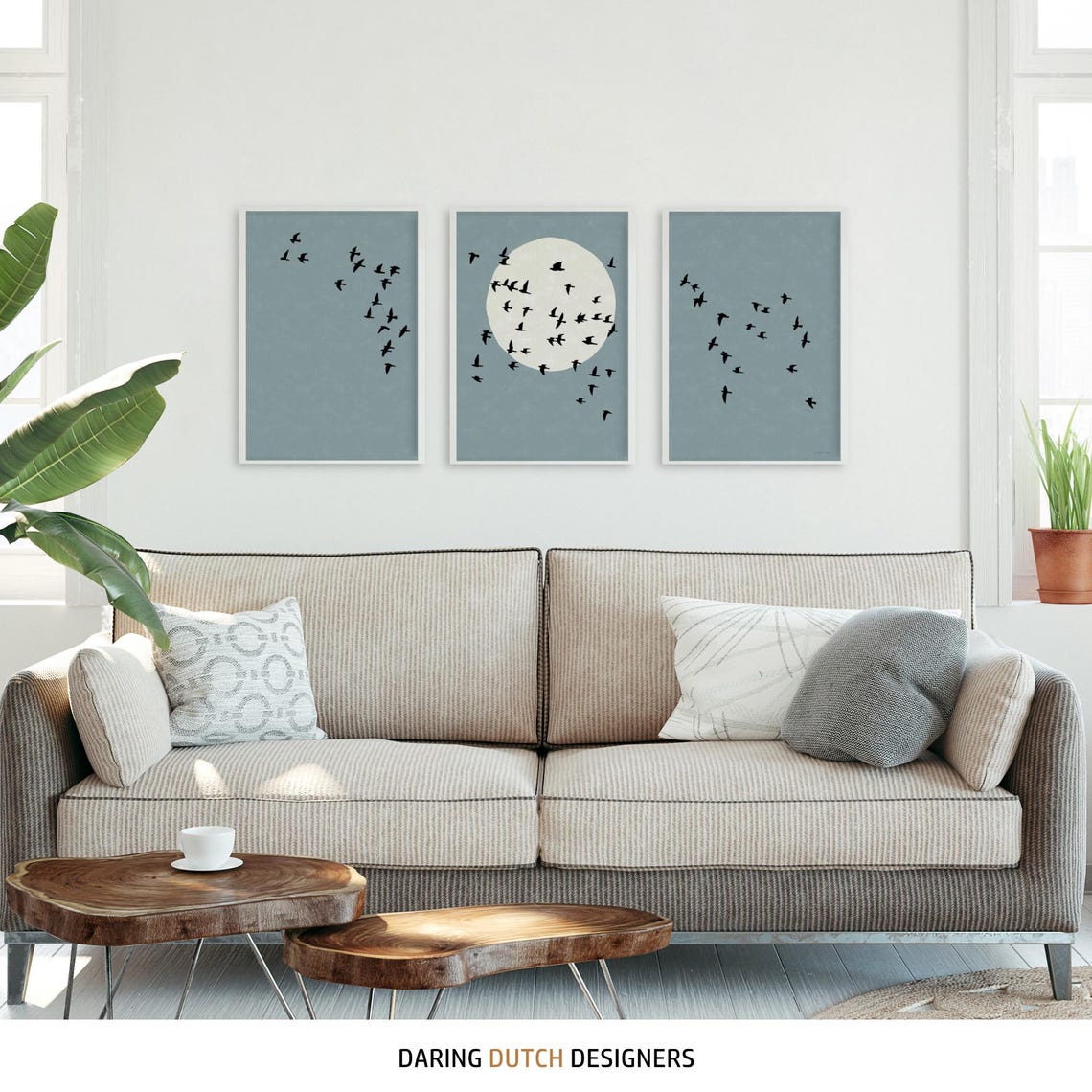 Japandi Triptych Wall Art Flock of Birds Full Moon, 3-piece Minimalist ...