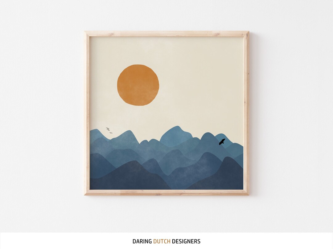 Navy Blue Misty Mountain Landscape Mid Century Style Square Art Print ...