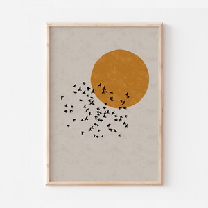 Neutral Minimalistic Home Decor Art Print, Flock of Birds Japanese Sun ...