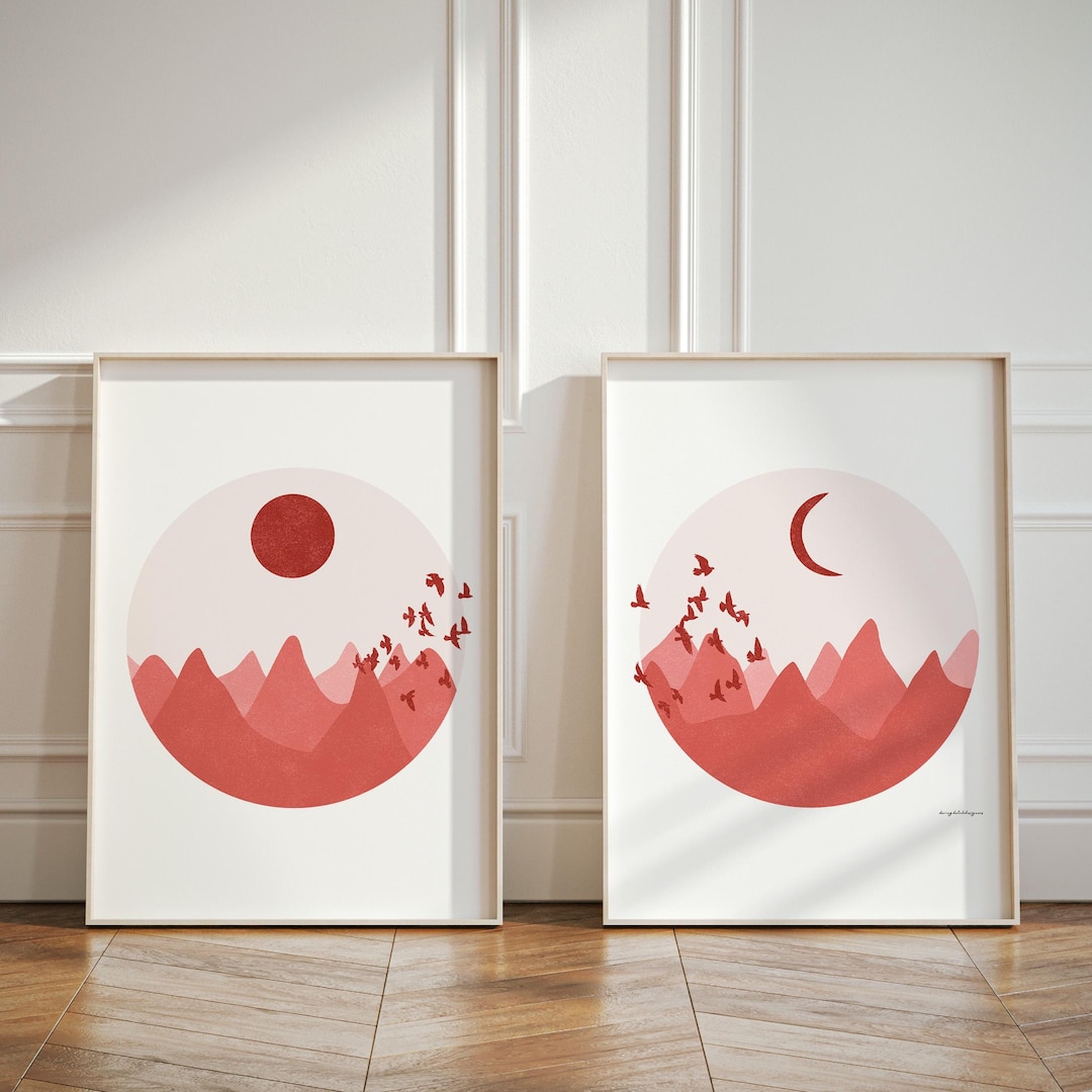 Pink Diptych Poster Set of 2 With Mountains Sun Moon and Birds for ...