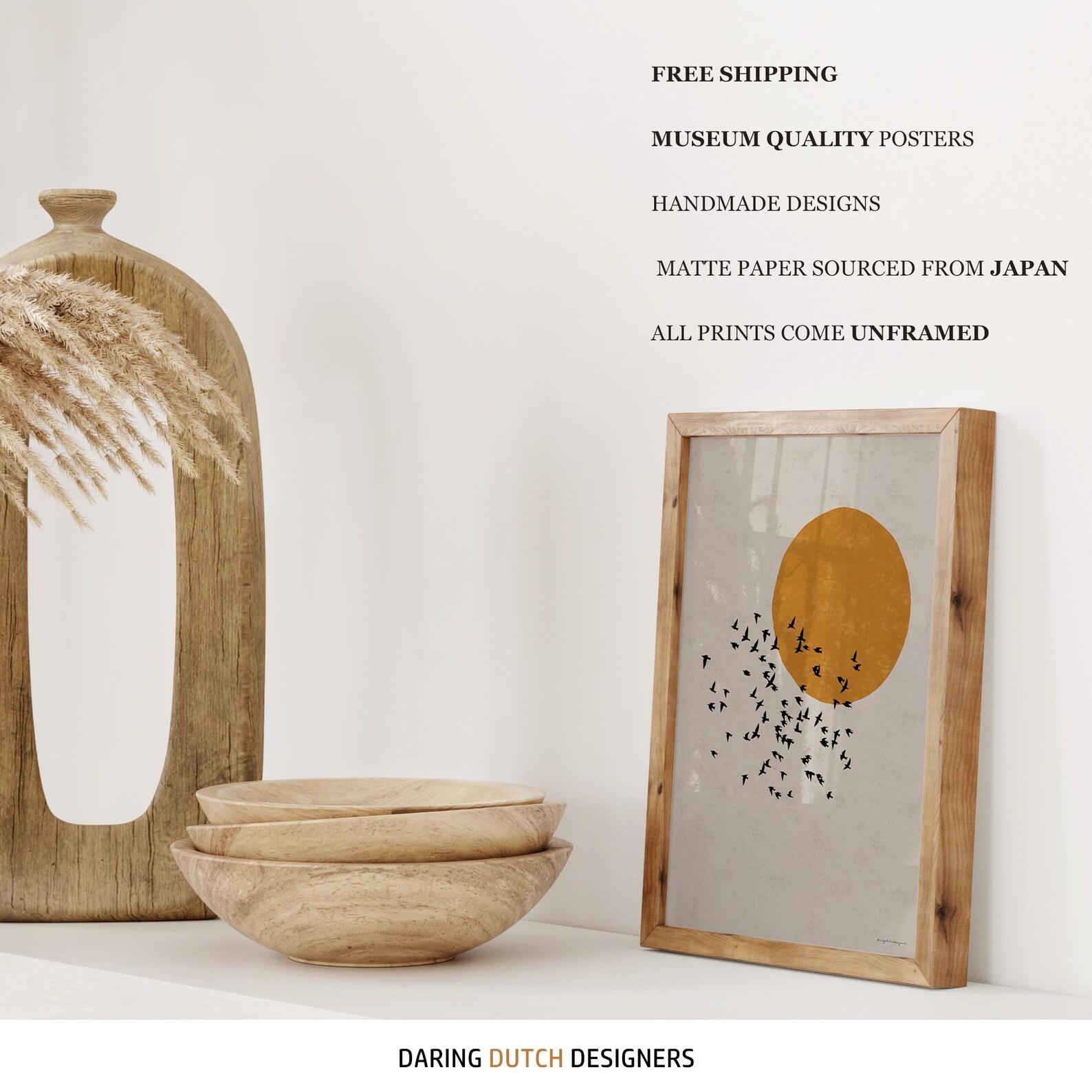 Neutral Minimalistic Home Decor Art Print, Flock of Birds Japanese Sun ...