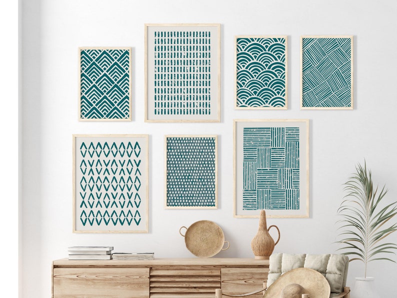 Modern Mid Century Teal Gallery Wall Set of 7 Vertical Art - Etsy