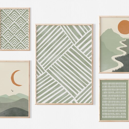 Mid Century Modern Art Set of 6 Prints Sage Green & Navy Blue - Etsy