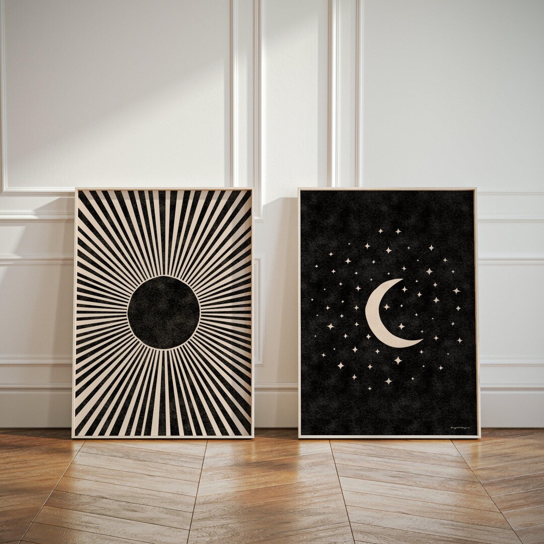 Black and Beige Sun and Moon Stars Poster Set | Square Art Set of 2 ...