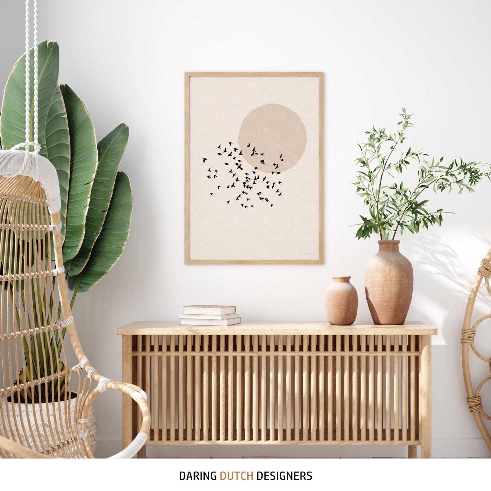 Calming Neutral Art Print | Birds Art Poster | Moon Silhouette Wall Art ...