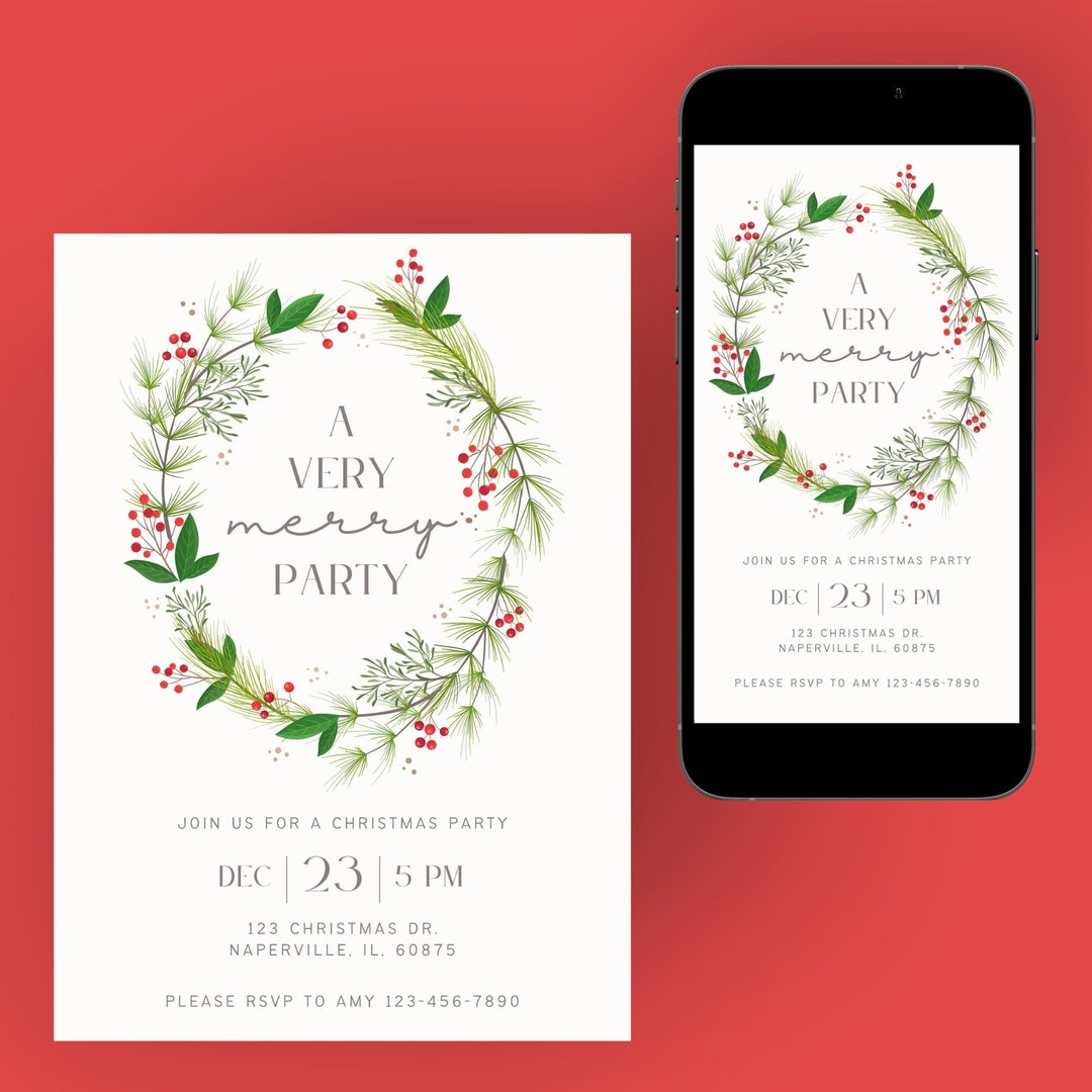 Very Merry Party Invitation | Christmas Party | Wreath and Berries ...