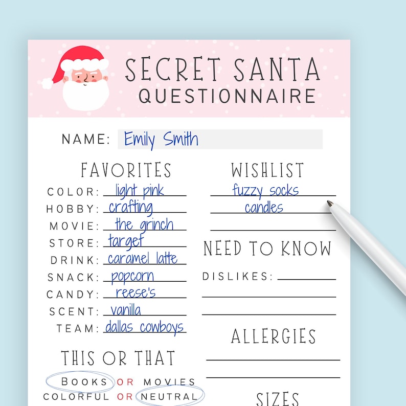 Secret Santa Party Bundle Invitation Questionnaire Pink Christmas Gift ...