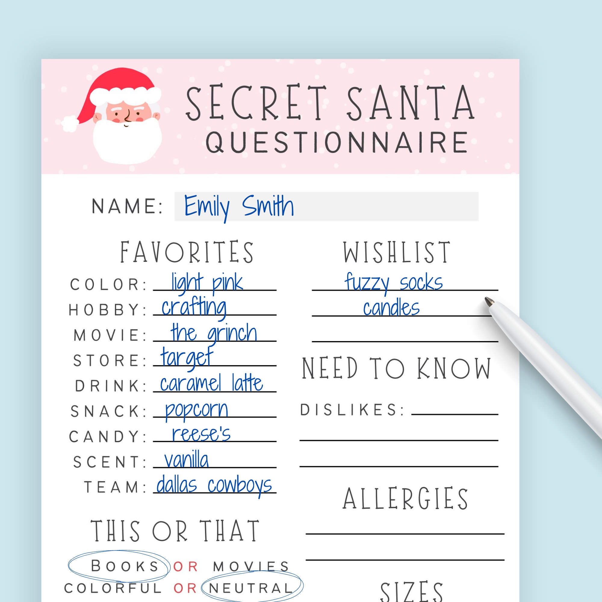 Secret Santa Party Bundle Invitation Questionnaire Pink Christmas Gift ...
