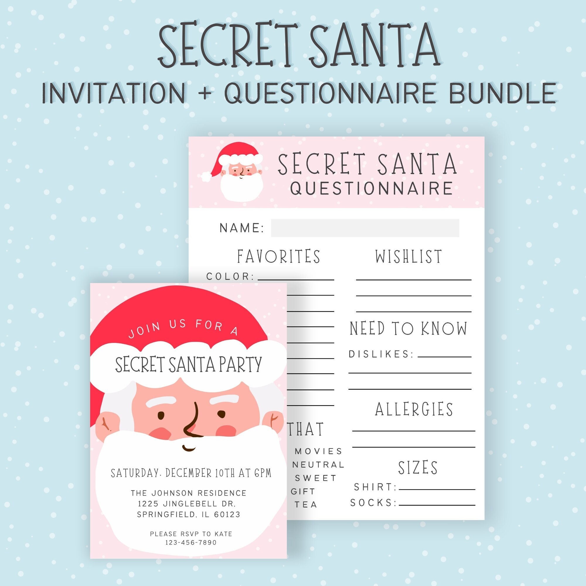 Secret Santa Party Bundle | Invitation | Questionnaire | Pink Christmas ...