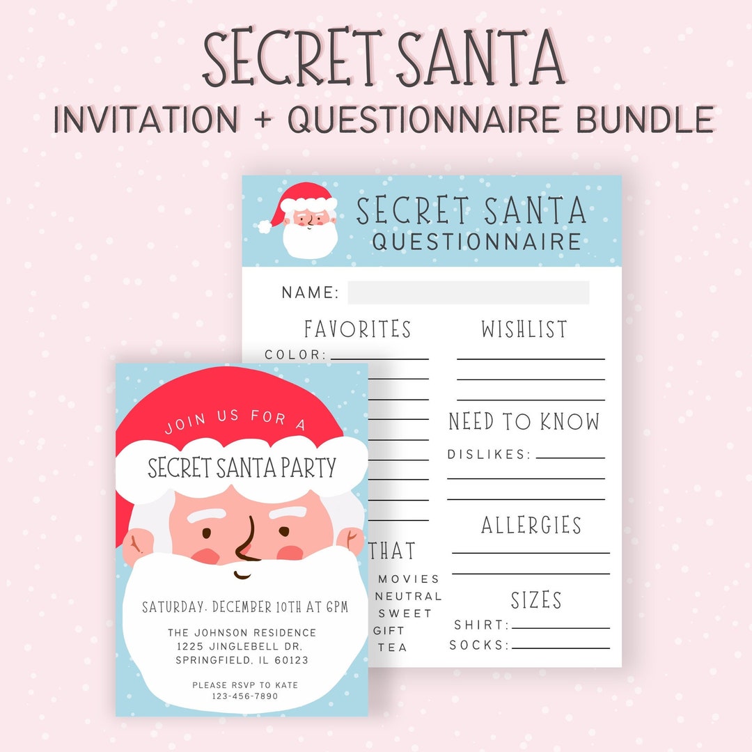 Secret Santa Party Bundle | Invitation | Questionnaire | Blue Christmas ...