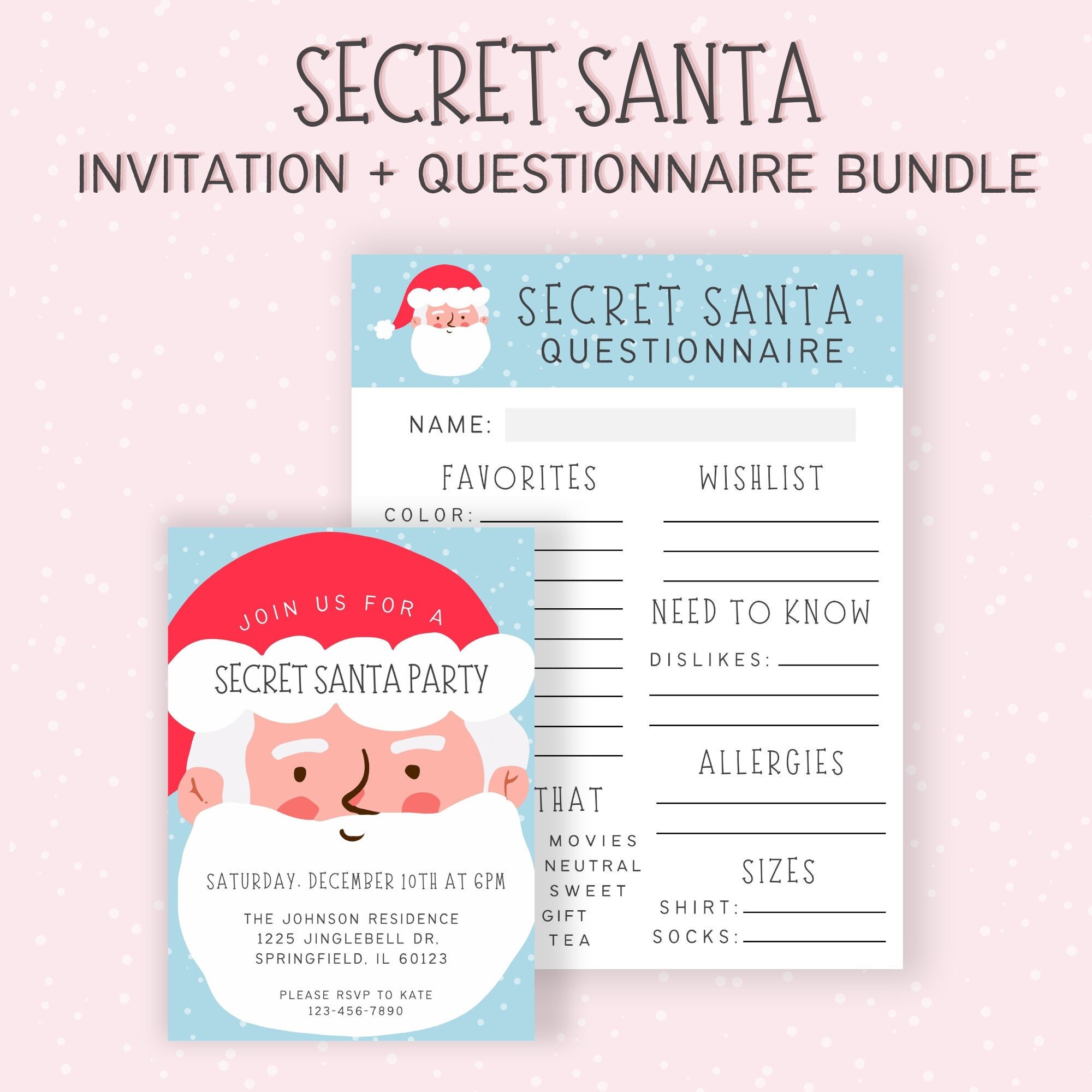 Secret Santa Party Bundle | Invitation | Questionnaire | Blue Christmas ...