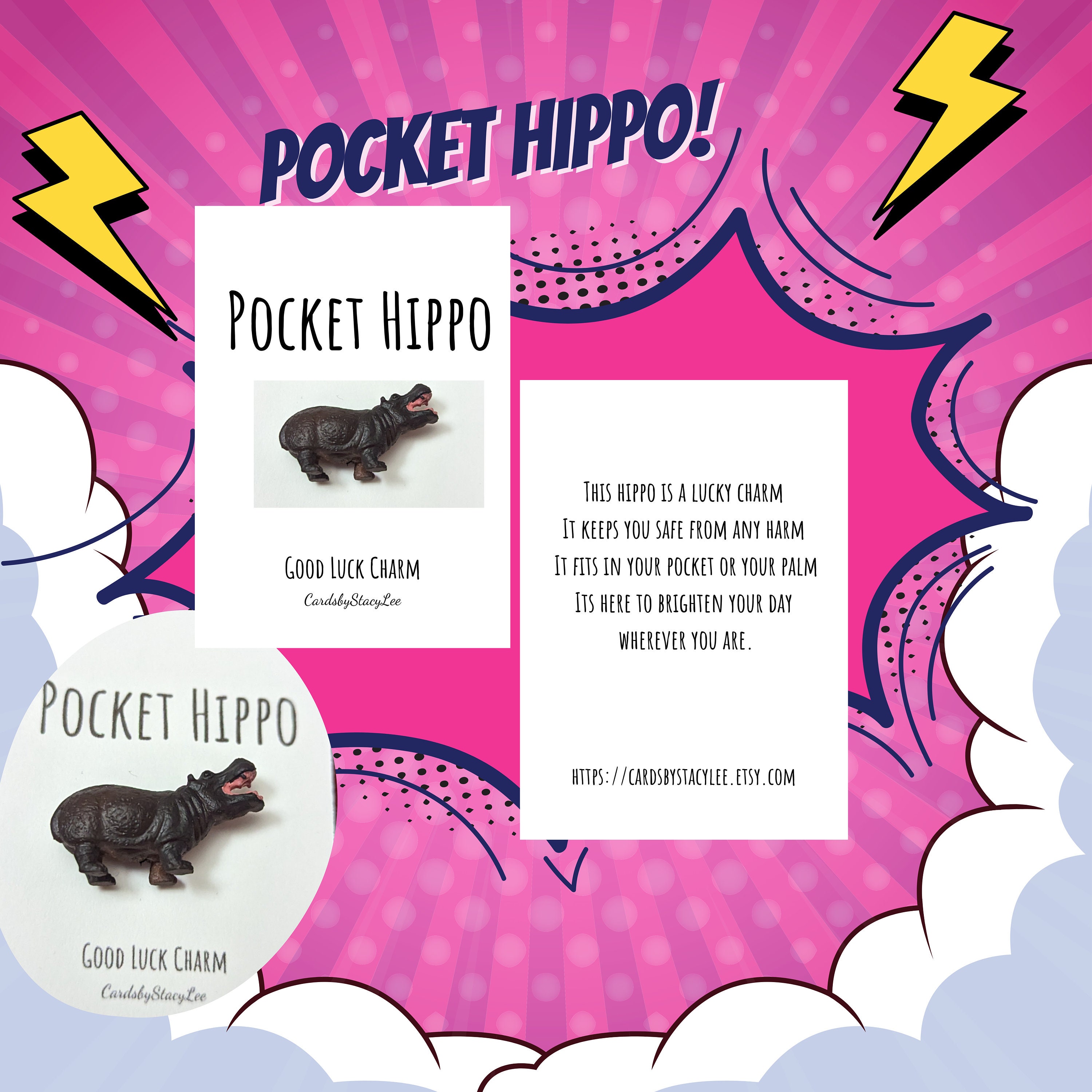 Cute and Whimsical Pocket Hippo Card With Poem - Good Luck Charm, Mini ...