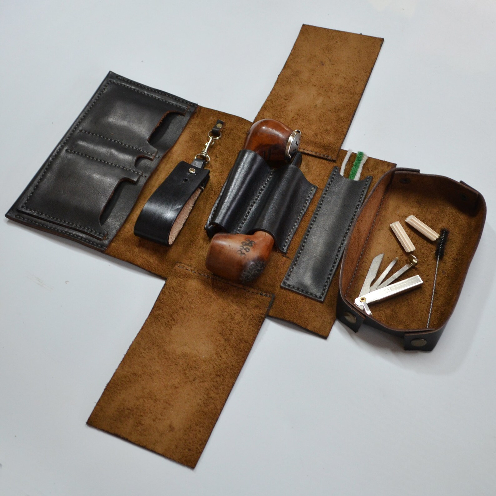Leather Pipe Pouch Roll for 2 Pipes With Leather Valet Tray for ...