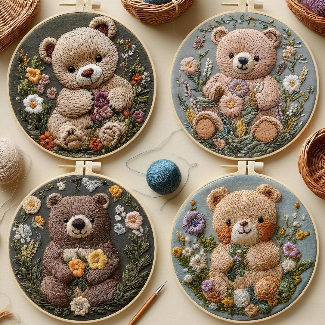 Cute Bear Embroidery Kit for Non-beginner Modern, Intricate Floral ...