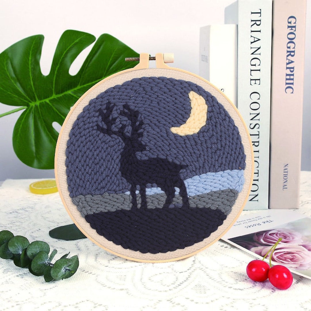 Night Moon Punch Needle Kit Beginner, DIY Animal Material Package Set ...