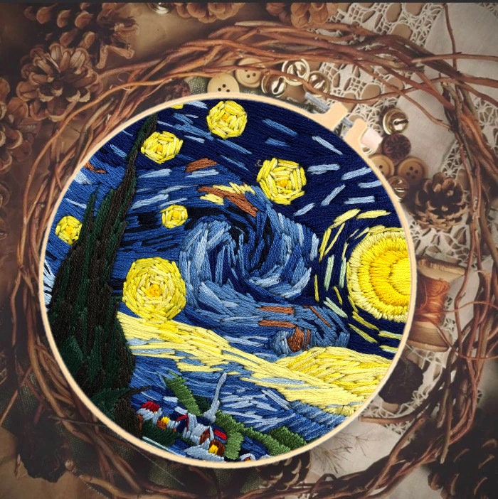Van Gogh Starry Night Embroidery Kit for Beginners Modern | Etsy