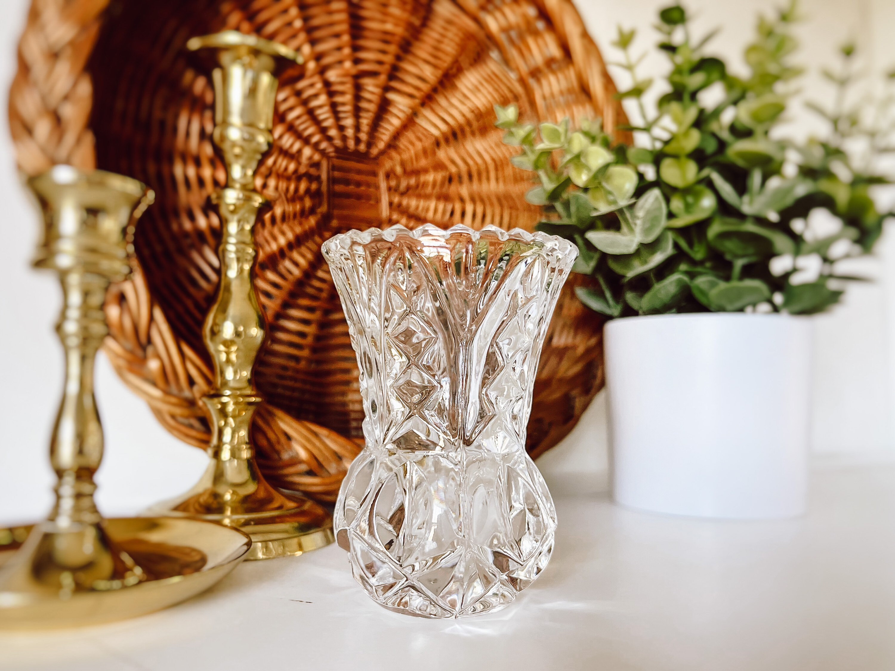 Antique Etched Crystal Posey Bud Vase Geometric Dainty Amphora Bugle ...