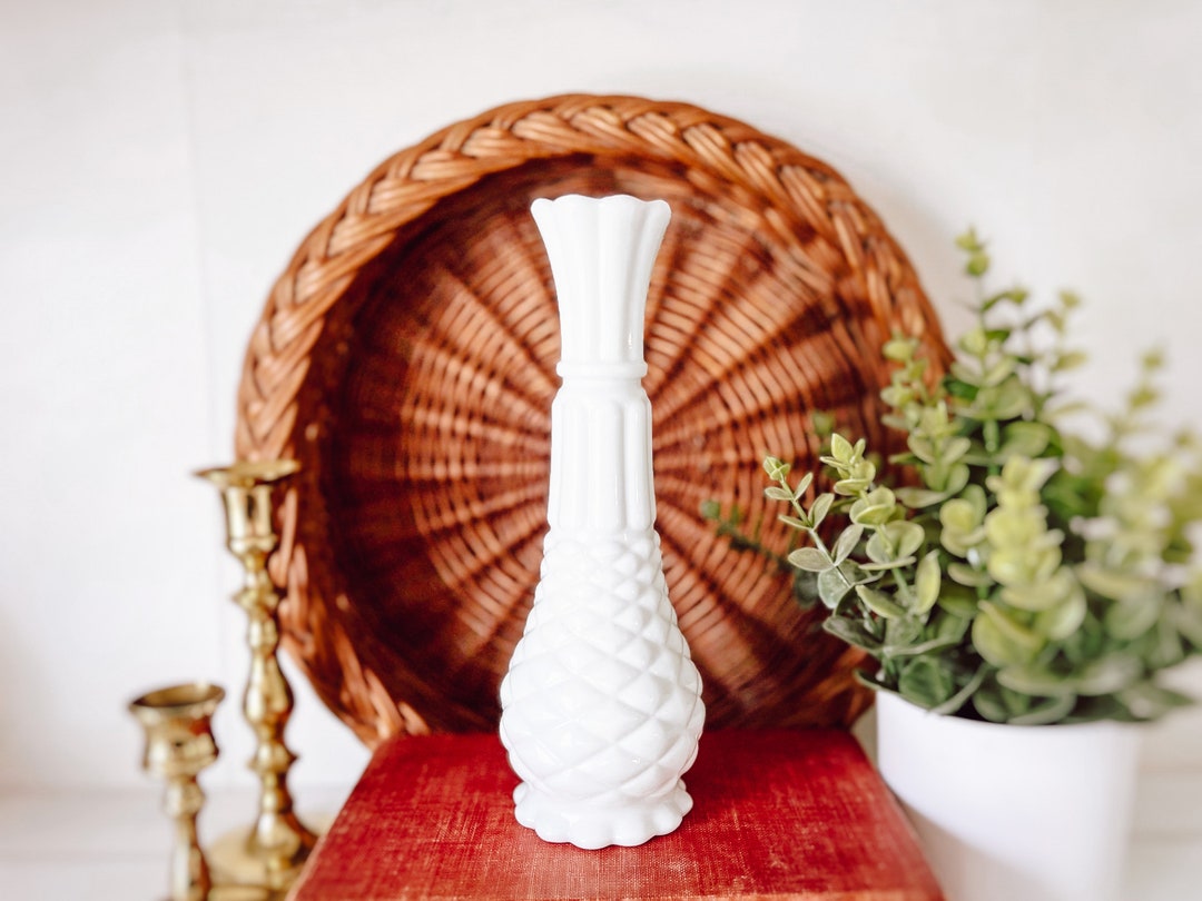 Vintage White Milk Glass Diamond Pattern Vase Tapered Fluted Nicolette ...