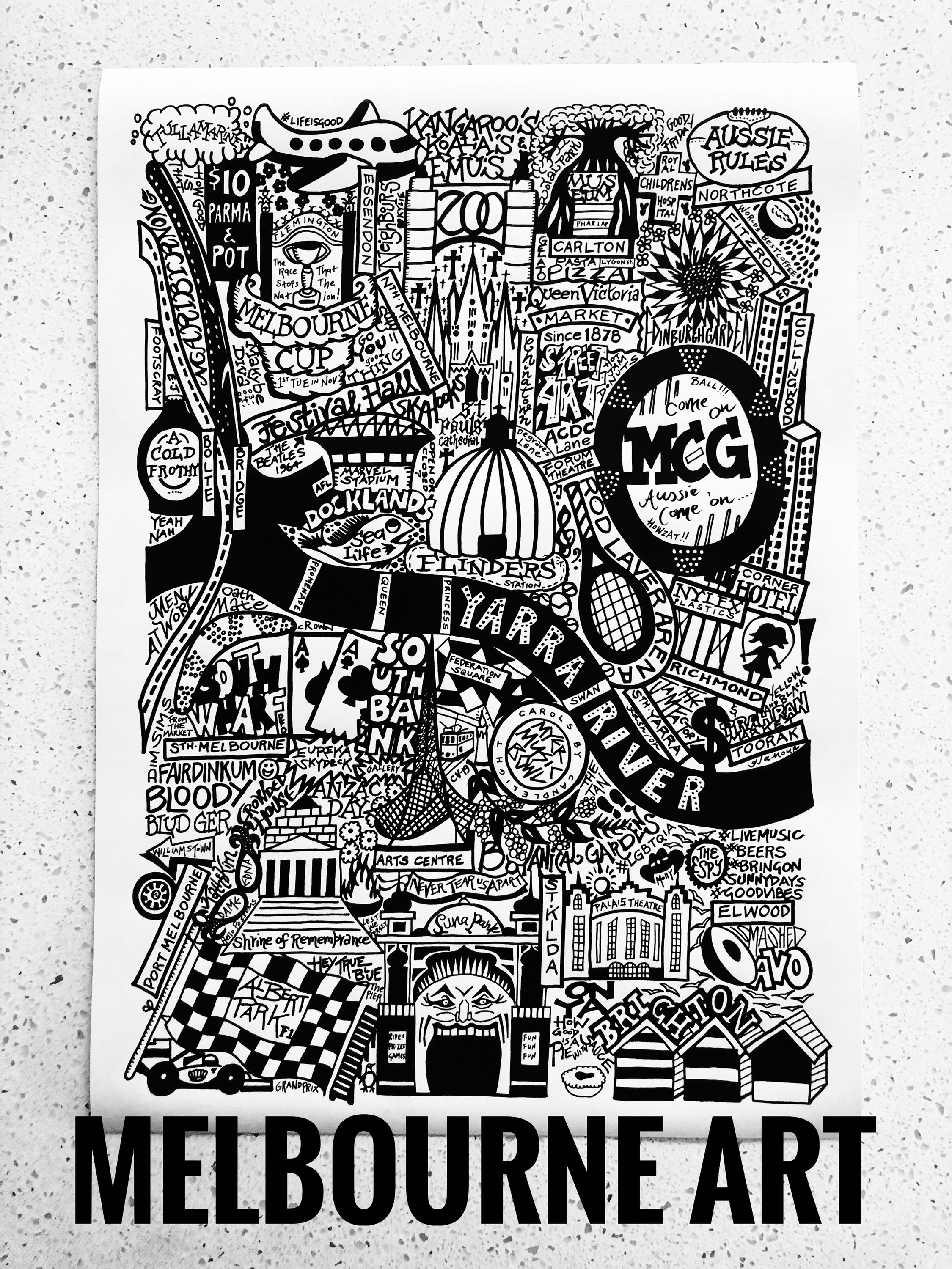 Melbourne Art, Hand Drawn,melbourne Souvenir, Melbourne Landmarks ...