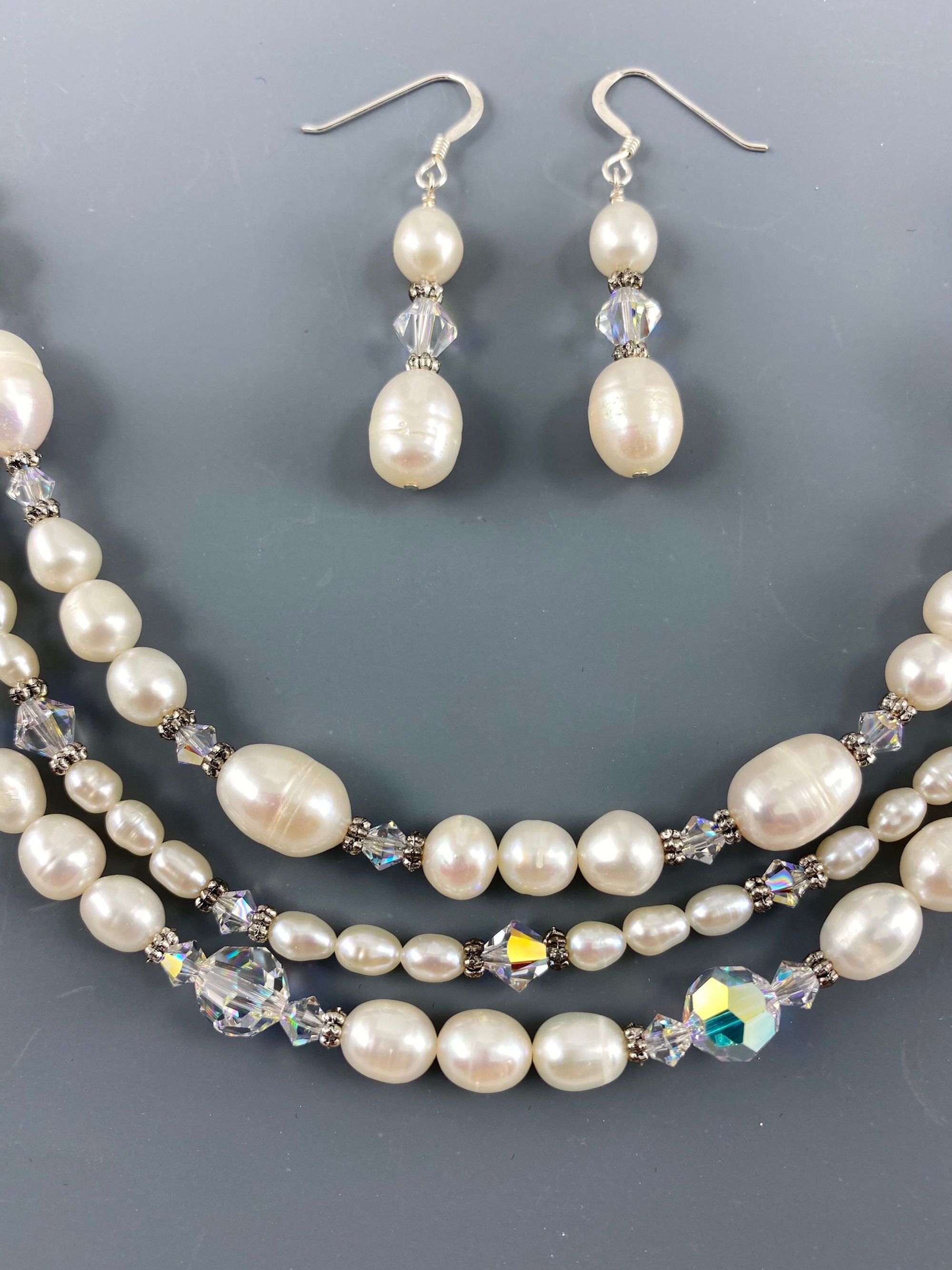 Freshwater Pearl And Swarovski Crystal Necklace And Earrings Etsy