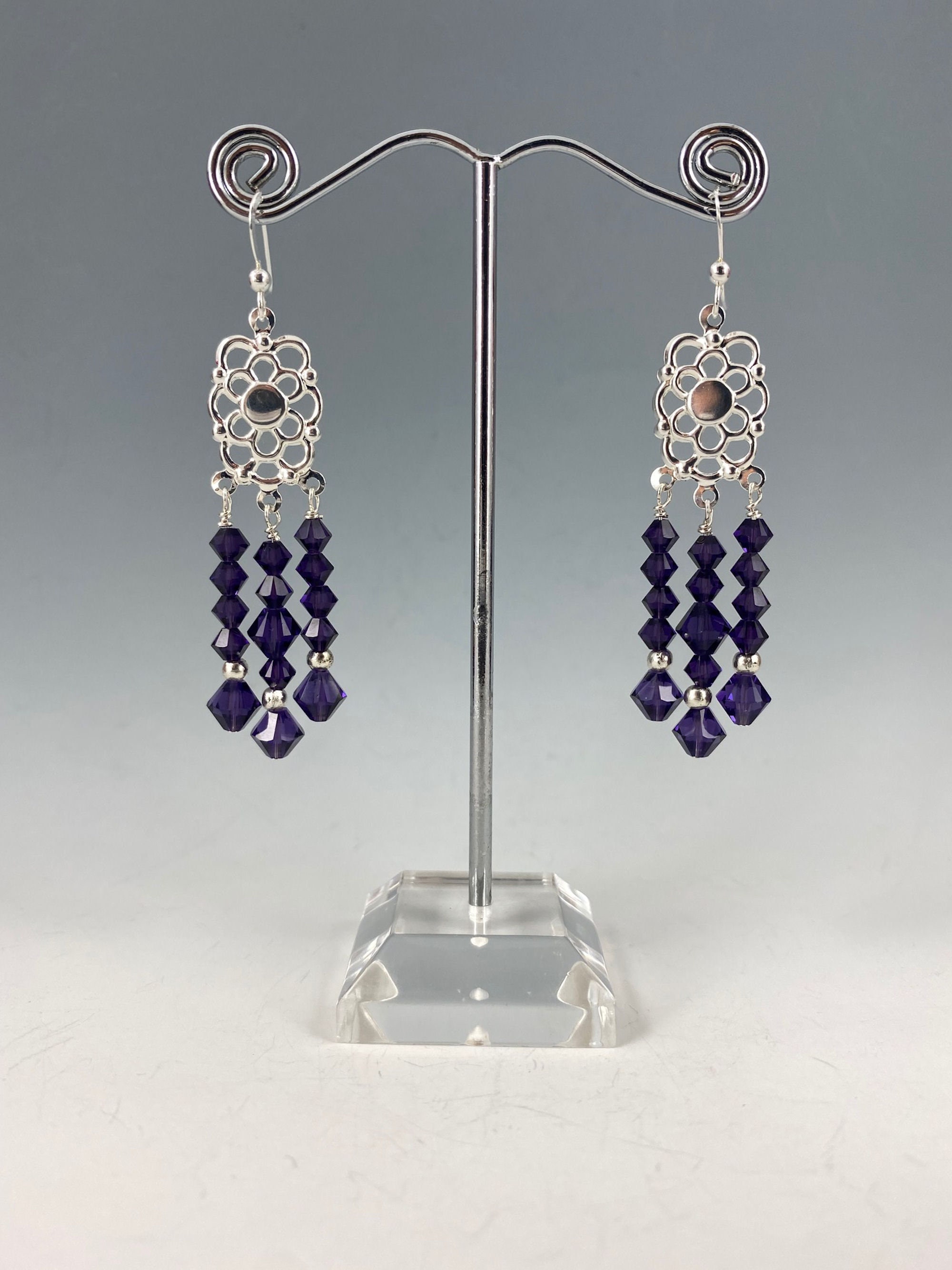 Purple Crystal Earrings On Sterling Silver Ear Wires 1 3 4 Inches