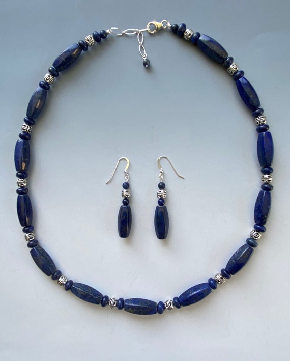 Buy Lapis Lazuli Necklace Earrings Set Adjustable 20 Inches Sterling Silver Unique Tapered Barrel Gemstone Blue Navy Inch Earring Online in India Etsy