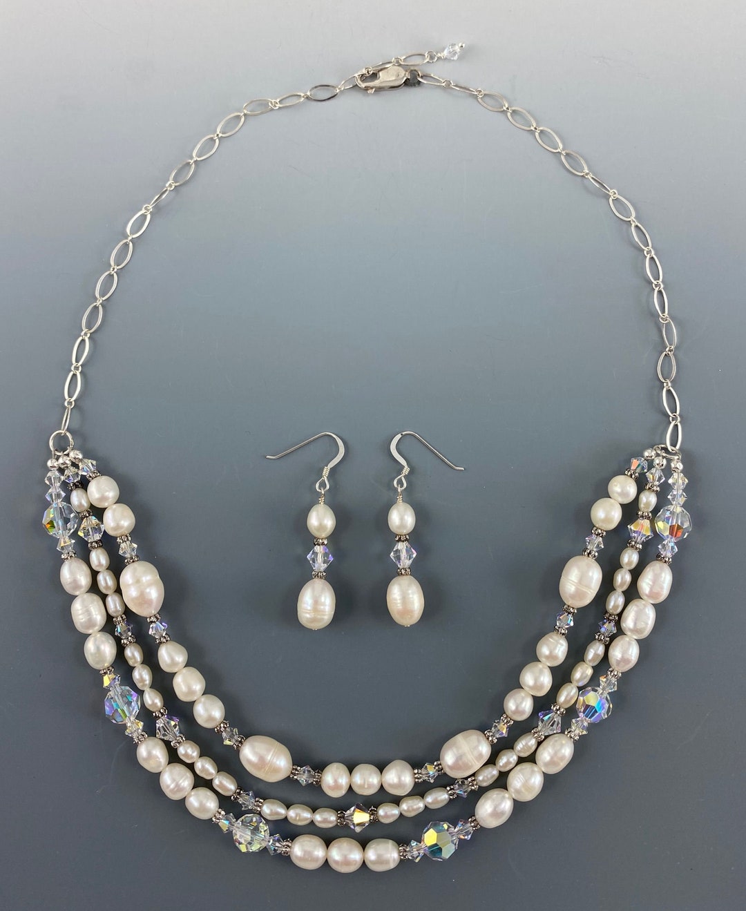Freshwater Pearl And Swarovski Crystal Necklace And Earrings Etsy