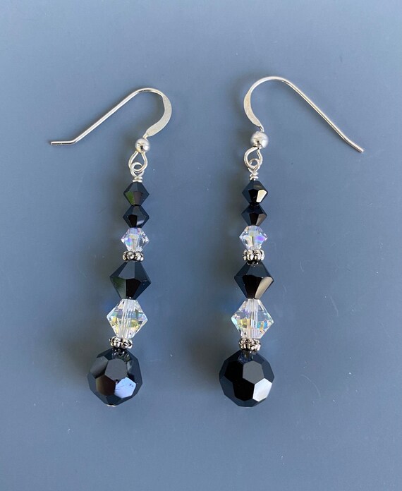 Swarovski Crystal Earrings Sterling Silver 1 1 2 Inches Black Aurora Borealis Evening Special Occasion Hematite Dangle Long Drop Etsy