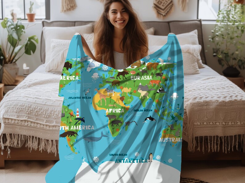 World Map Learning Blanket, Educational Blanket for Kids, Kindergarten ...