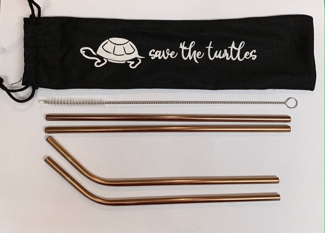 Four Reusable Rose Gold Metal Straws save the Turtles Edition and Eco ...
